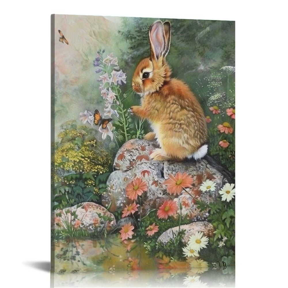 Feiri Natural Rabbit Landscape Decor Wall Art Daisy Rabbit Scenery Wall ...