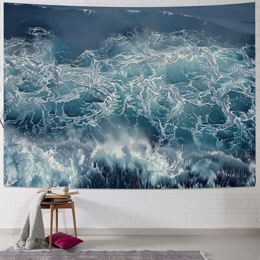 Feiri Ocean Waves Tapestry Wall Hanging Navy Blue Light Blue Sea Water ...