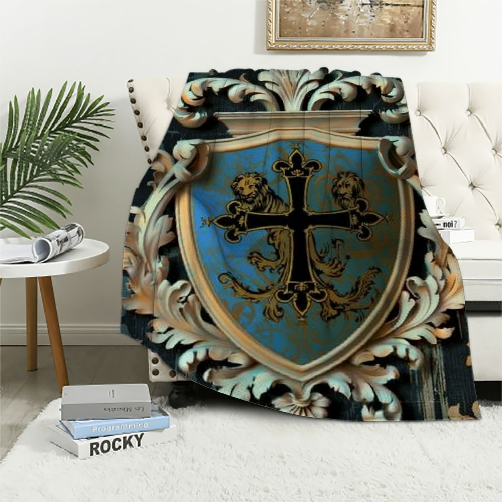 Feiri Shield Throw Blanket,Retro Marquee Vector Ornate Shield Lion ...