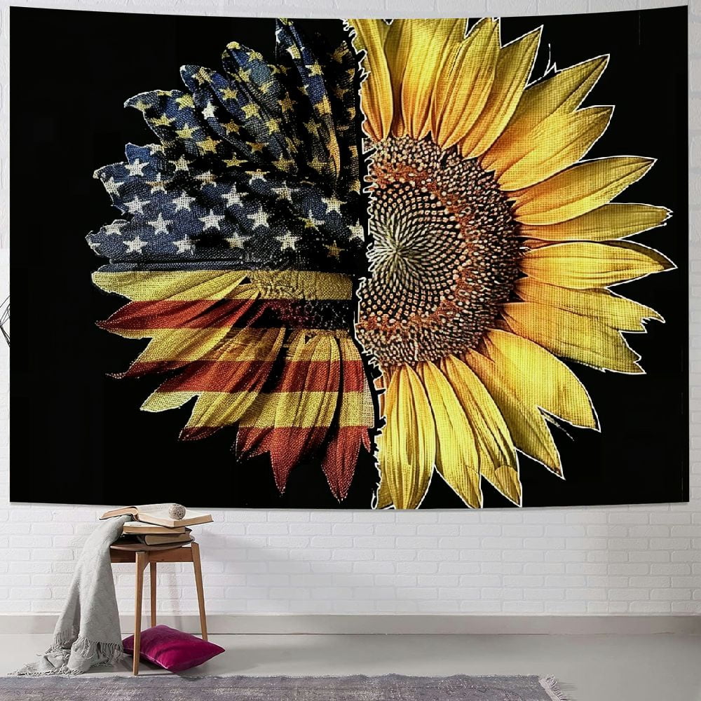 Feiri Sunflower American Flag Tapestry, Yellow Flora Flower on Black ...