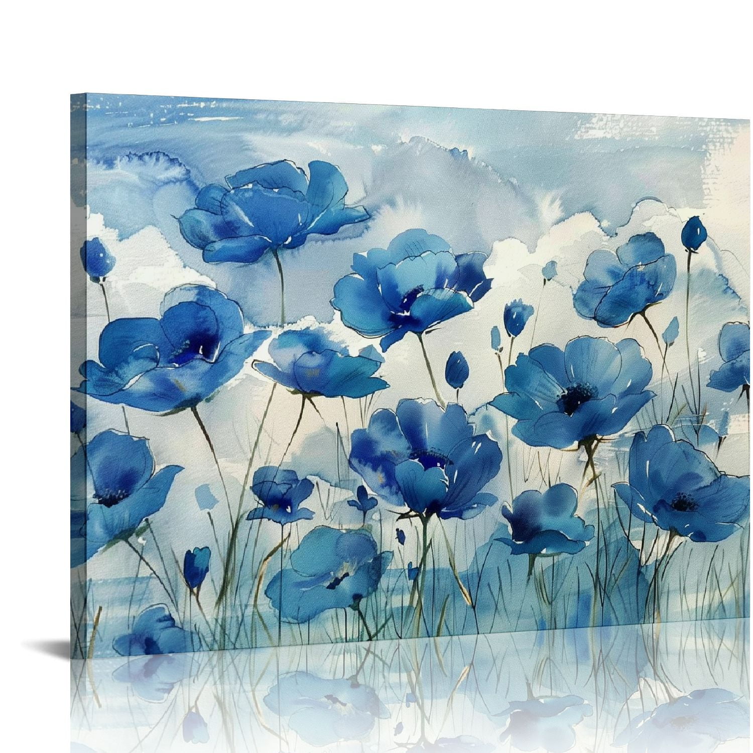 Feiri Watercolor Blue Flowers Canvas Painting Modern Abstract Wall Art ...