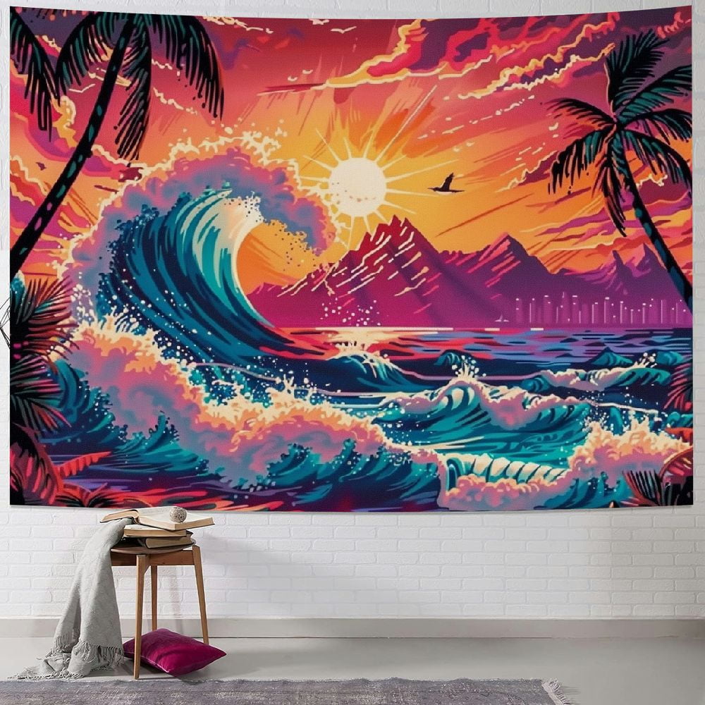 Feiri Wave Tapestry Trippy Sun Tapestry Neon Palm Tree Wall Tapestry ...
