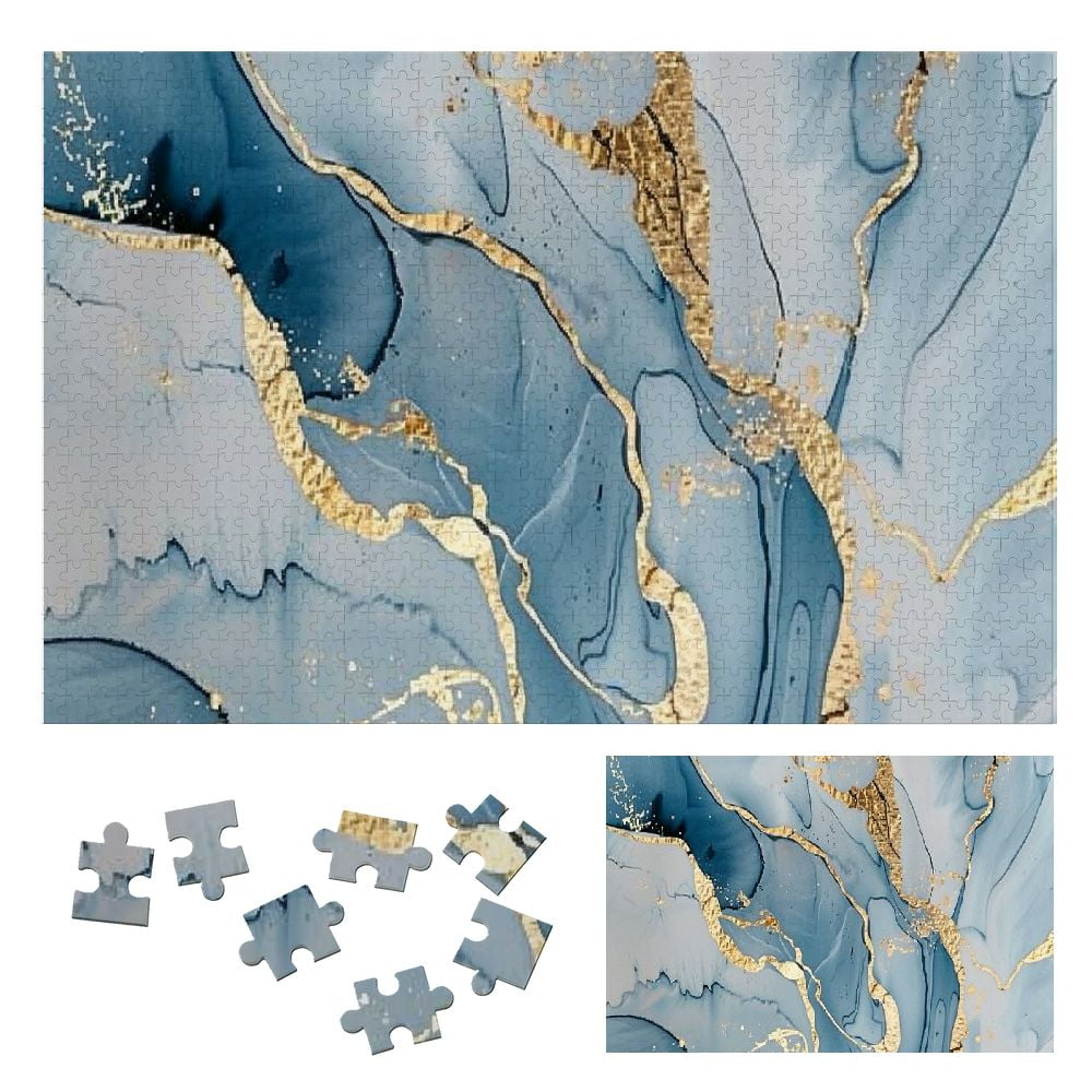 Feiri Wooden Jigsaw Puzzle - Blue Rose Gold Marble Abstract Water Flow ...