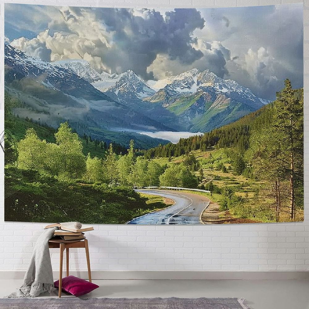 Feiri Woodland Tapestry, Mountain Landscape Road Cloudy Sky Pine Trees ...