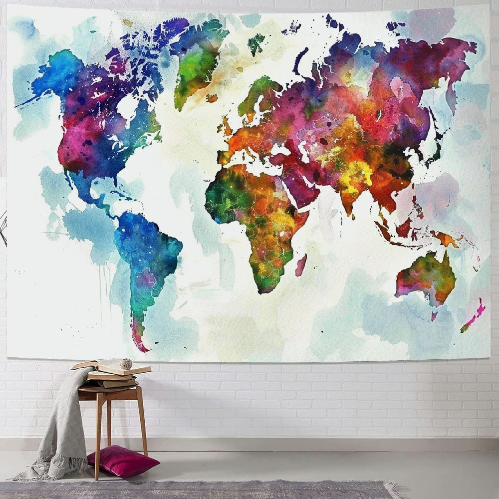 Feiri World Map Tapestry Classroom Tapestry Watercolor World Tapestry ...