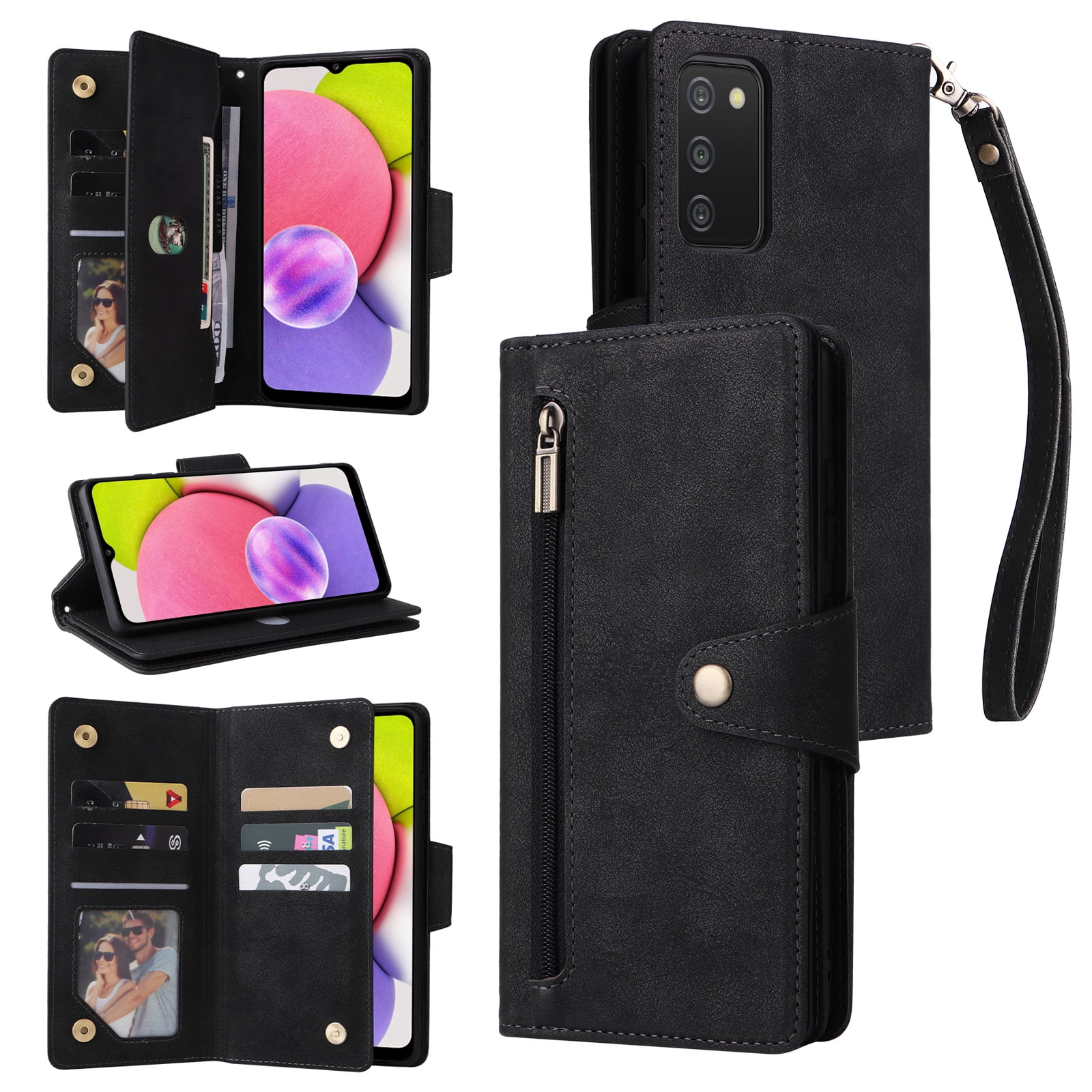 Feishell for Samsung Galaxy A03s Wallet Case with Wrist Strap,Premium PU Leather Zipper Pocket ...