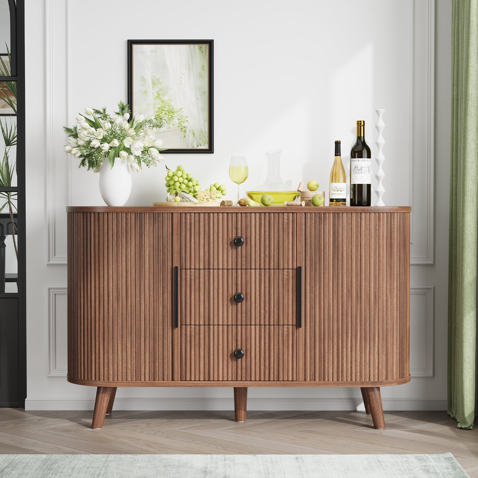 Feishominoo 47" Fluted Sideboard Cabinet, Curved Buffet Storage Cabinet with 2 Sliding Tambour ...