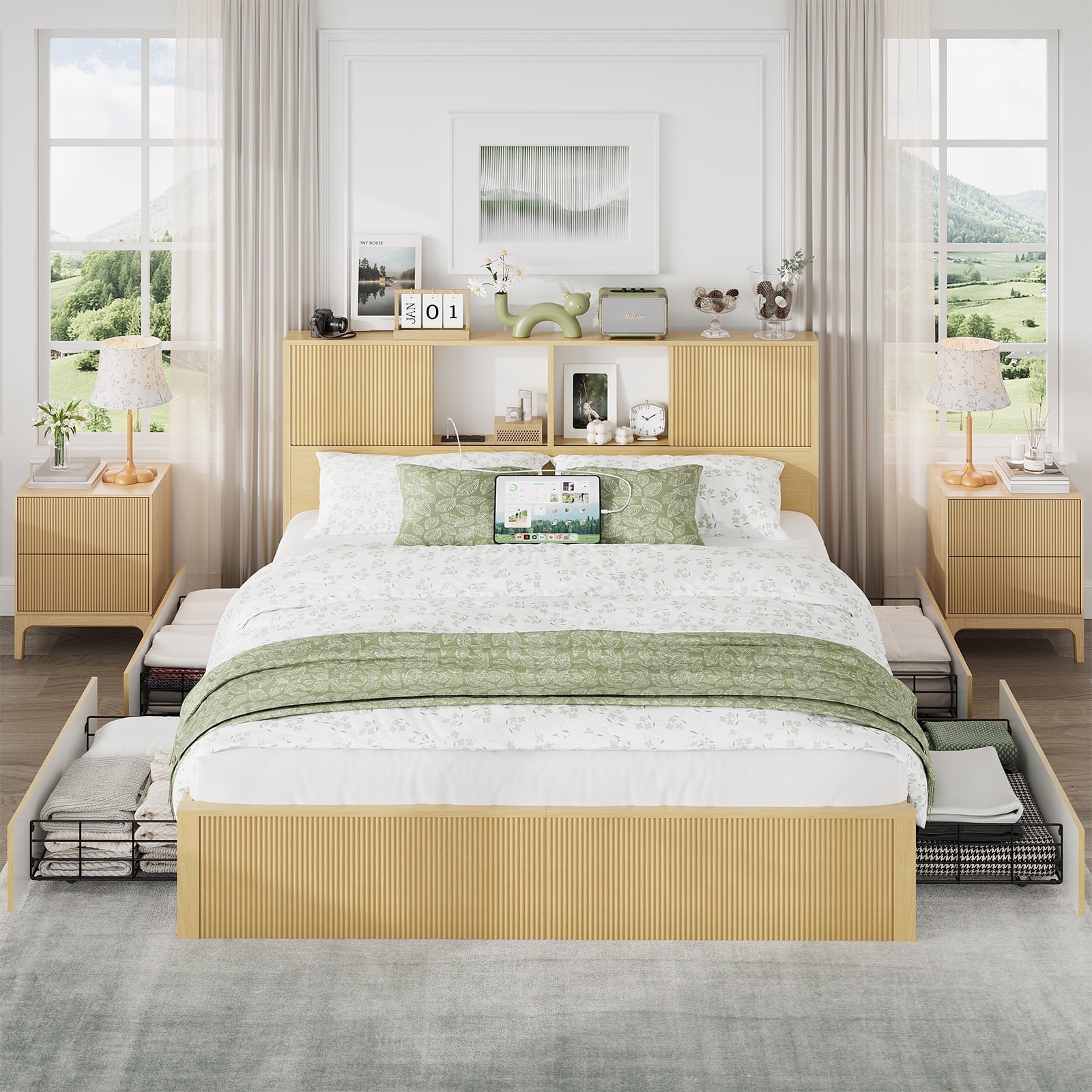 Feishominoo King Size Platform Bed Frames with 4 Storage Drawers & 2 ...