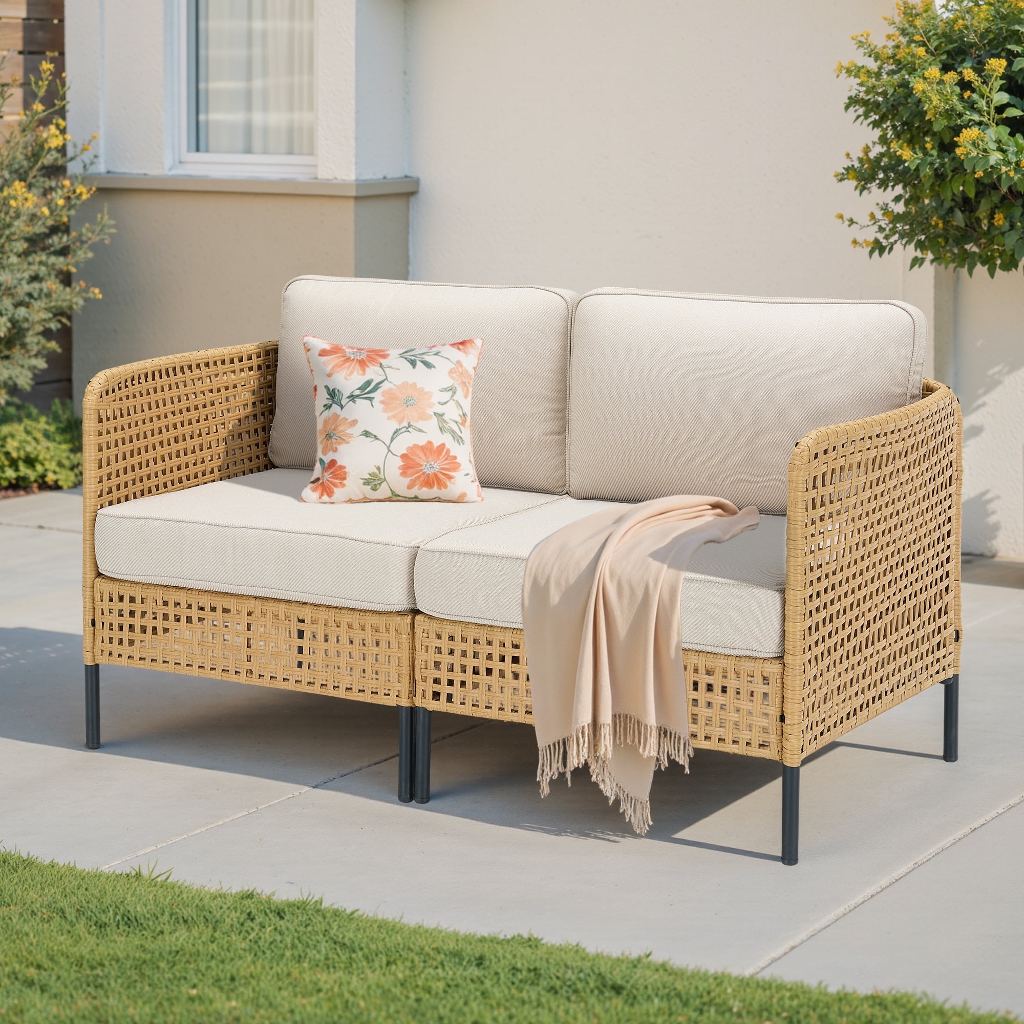 Feishominoo Outdoor Natural Wicker Sofa Boho Patio Sectional Loveseat ...