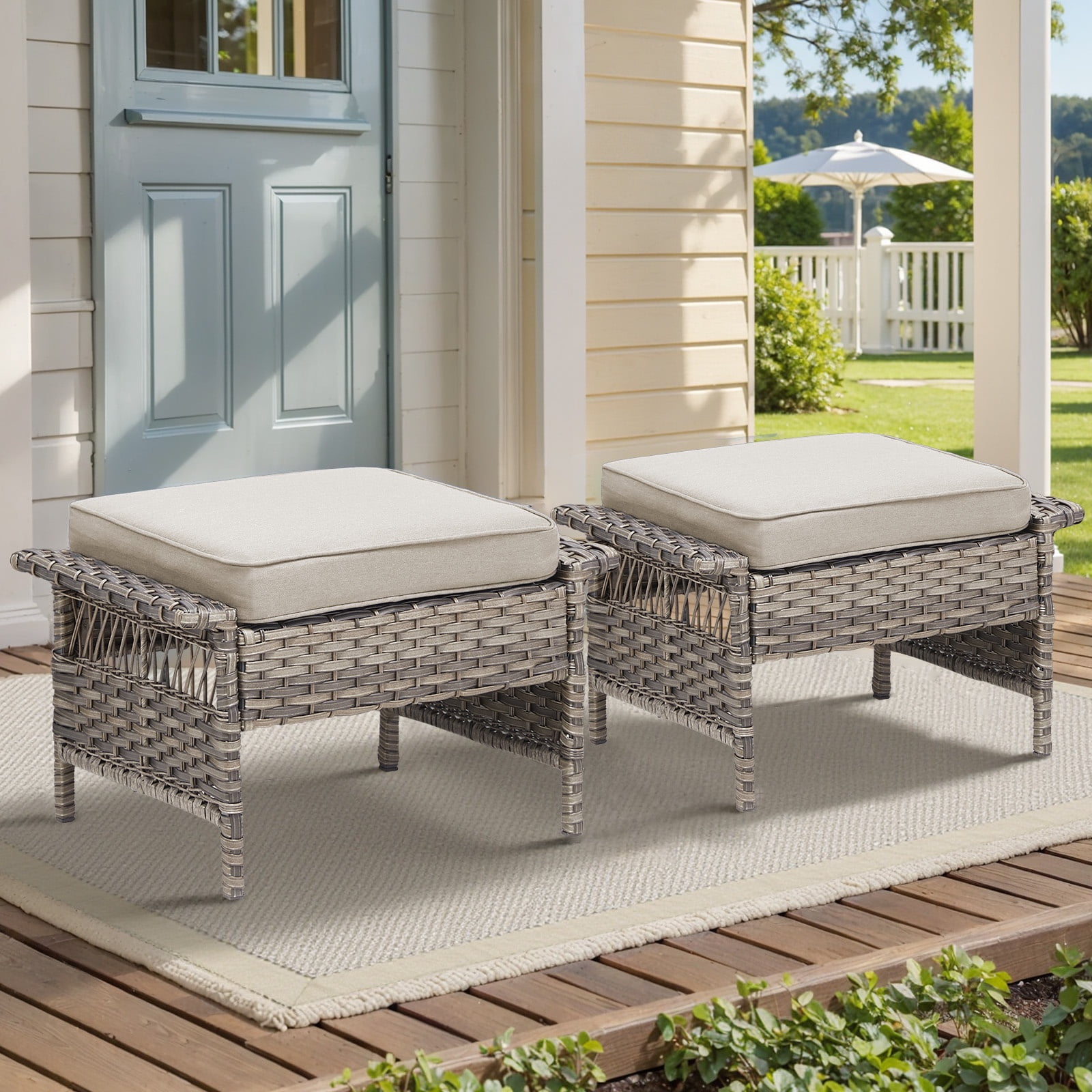 Feishominoo Outdoor Ottomans Set of 2, Patio Wicker Furniture Set with ...