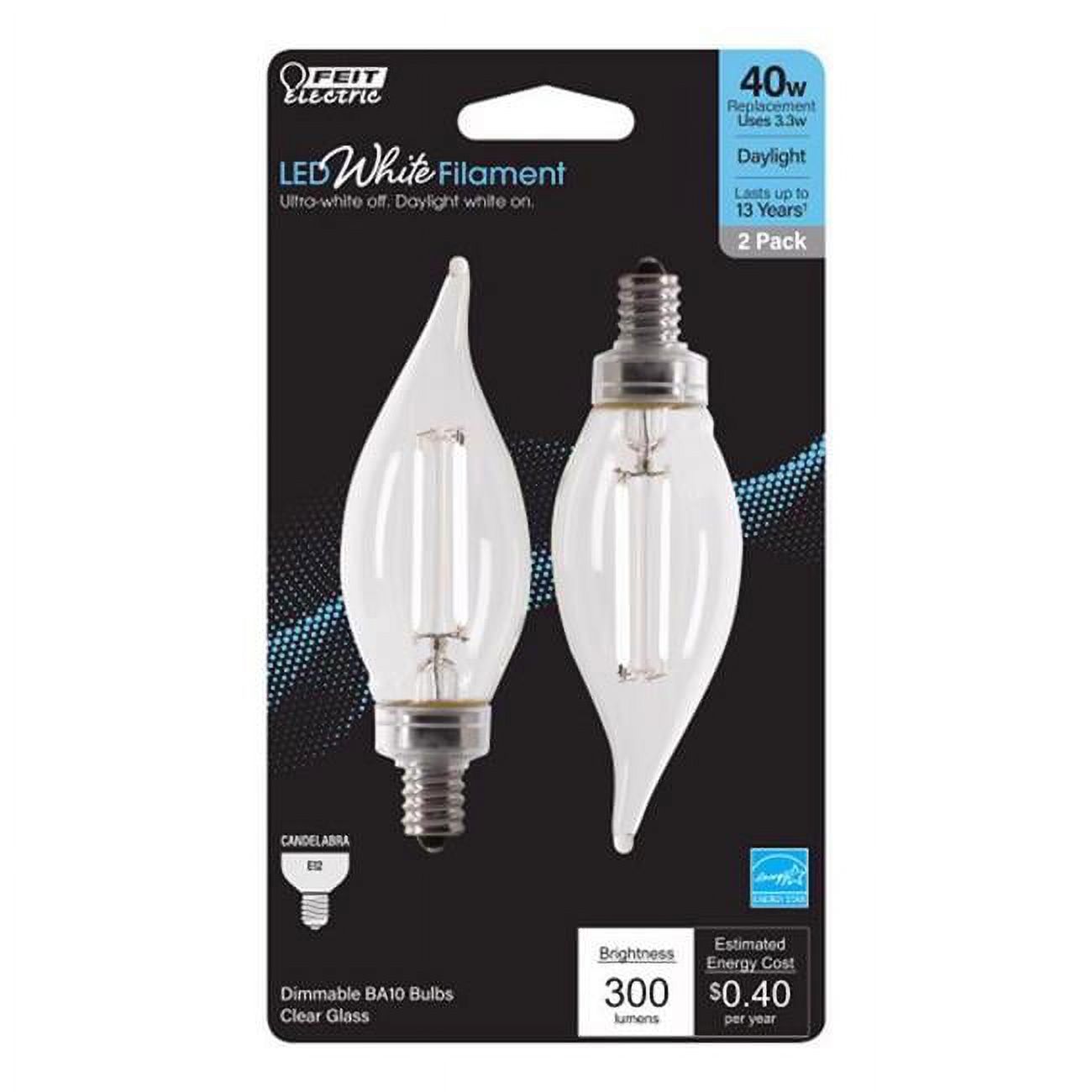 Feit 3013987 BA10 E12 Candelabra Filament LED Bulb Daylight - 40W Equivalence - Pack of 2 ...