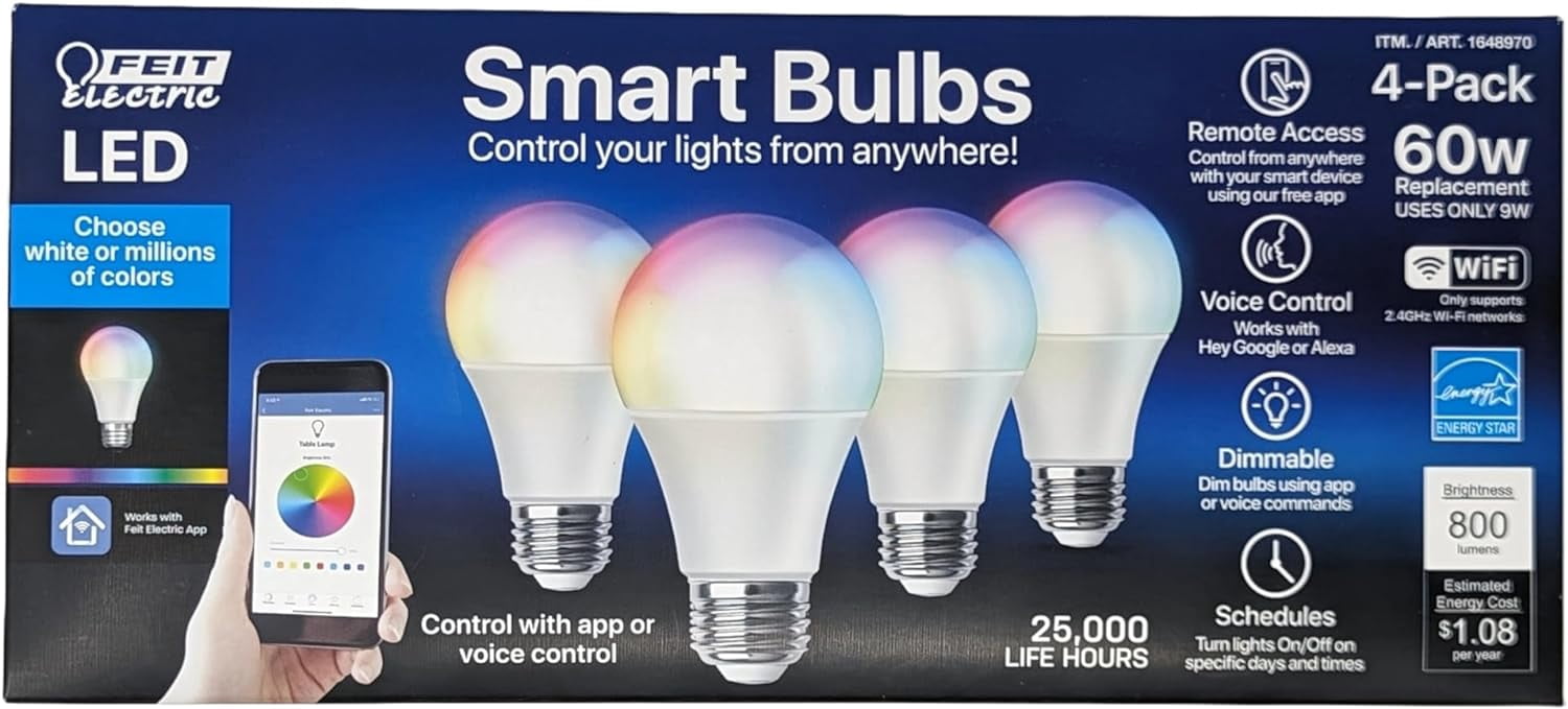 Feit 4-Pack WiFi LED Smart Bulbs (60W Replacement, 4-Pack) Color ...