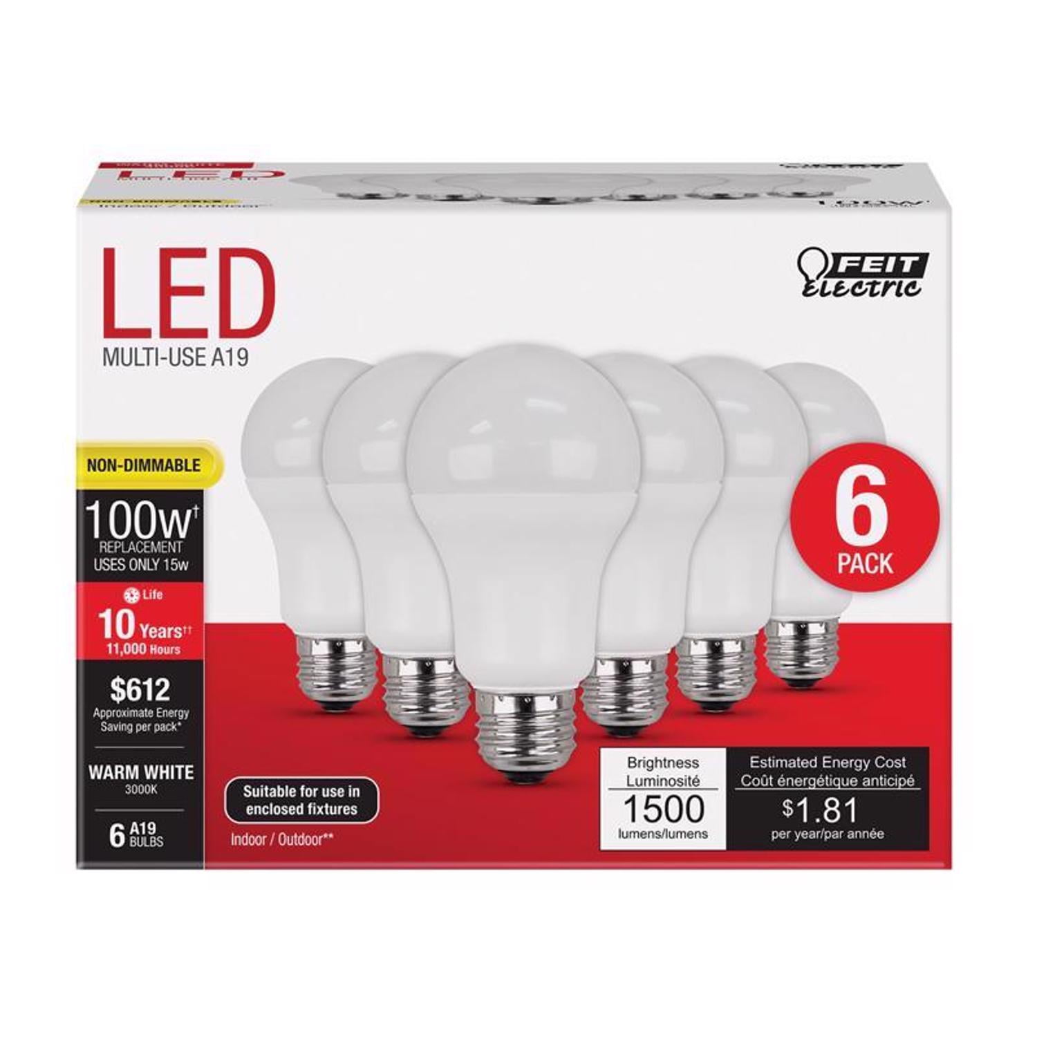 Feit Electric A1600/930/10kled/6 A19 Non-dimmable Led Bulb, White, 16 ...