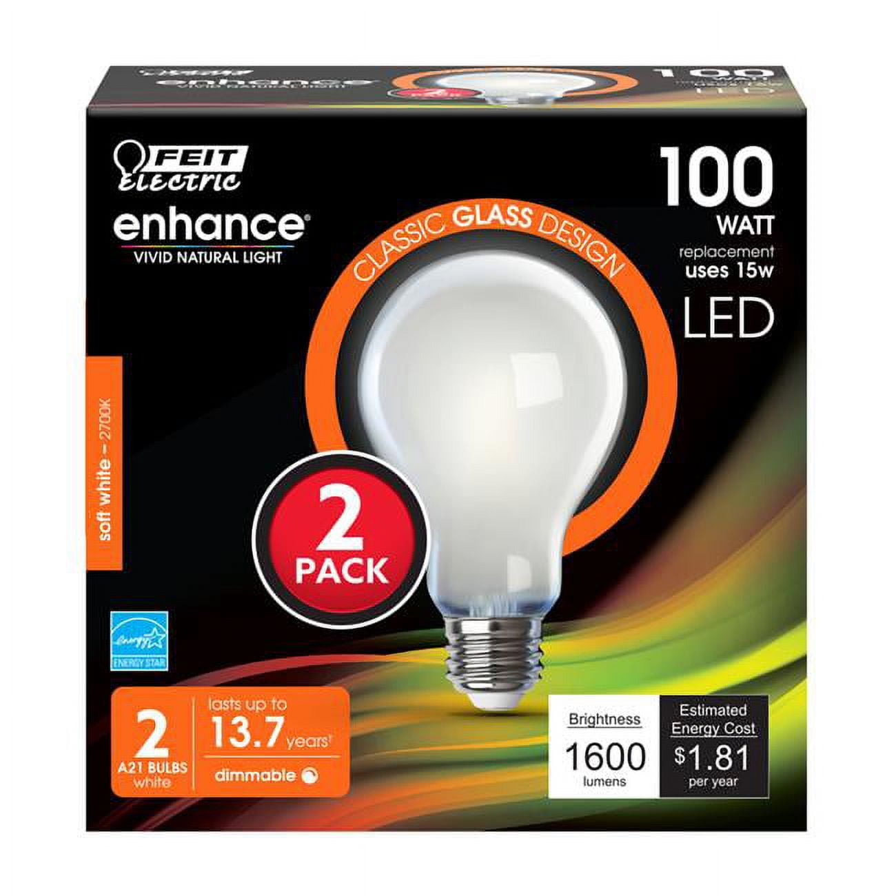 Feit Electric 100 watt Equivalence 16 watt 1600 Lumen A-Line A21 ...
