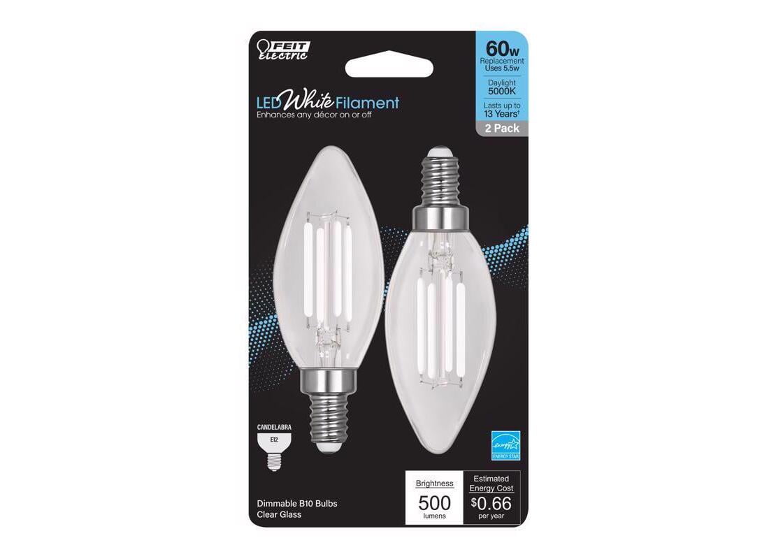 Feit Electric 3005626 BA10 E12 Candelabra Filament 60W Equivalence LED Bulb Daylight, Daylight ...