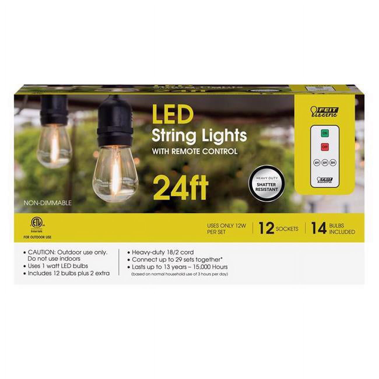 Feit Electric Outdoor Amber LED String Lights, Warm Patio Lighting, 12 ...