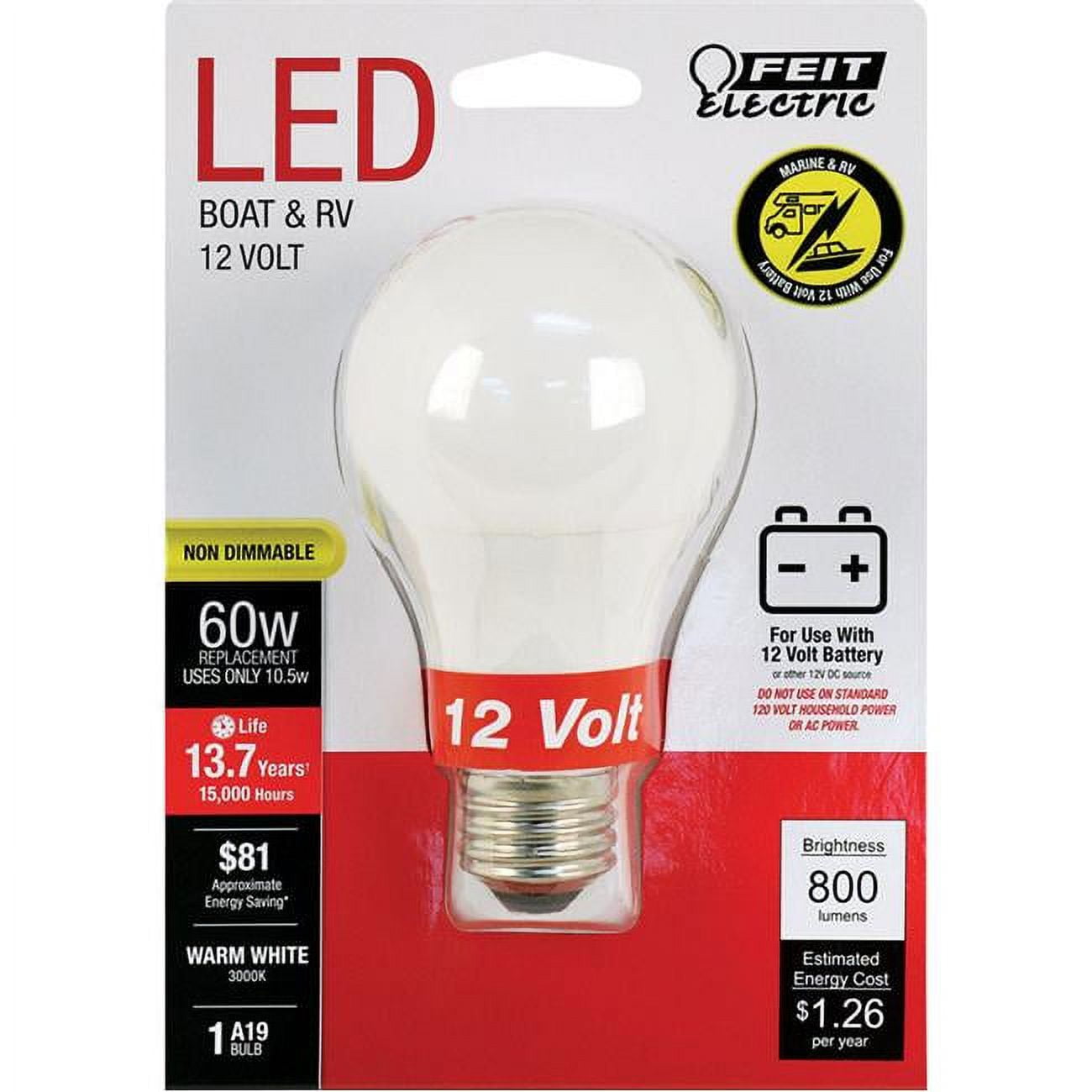 Feit Electric 3865326 12V 10.5W A19 LED Bulb, 800 Lumens - Warm White ...