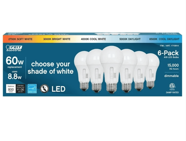 Feit Electric 60 Watt A19 E26 Dimmable LED Bulb Selectable Color (6-Pack) New - Walmart.com