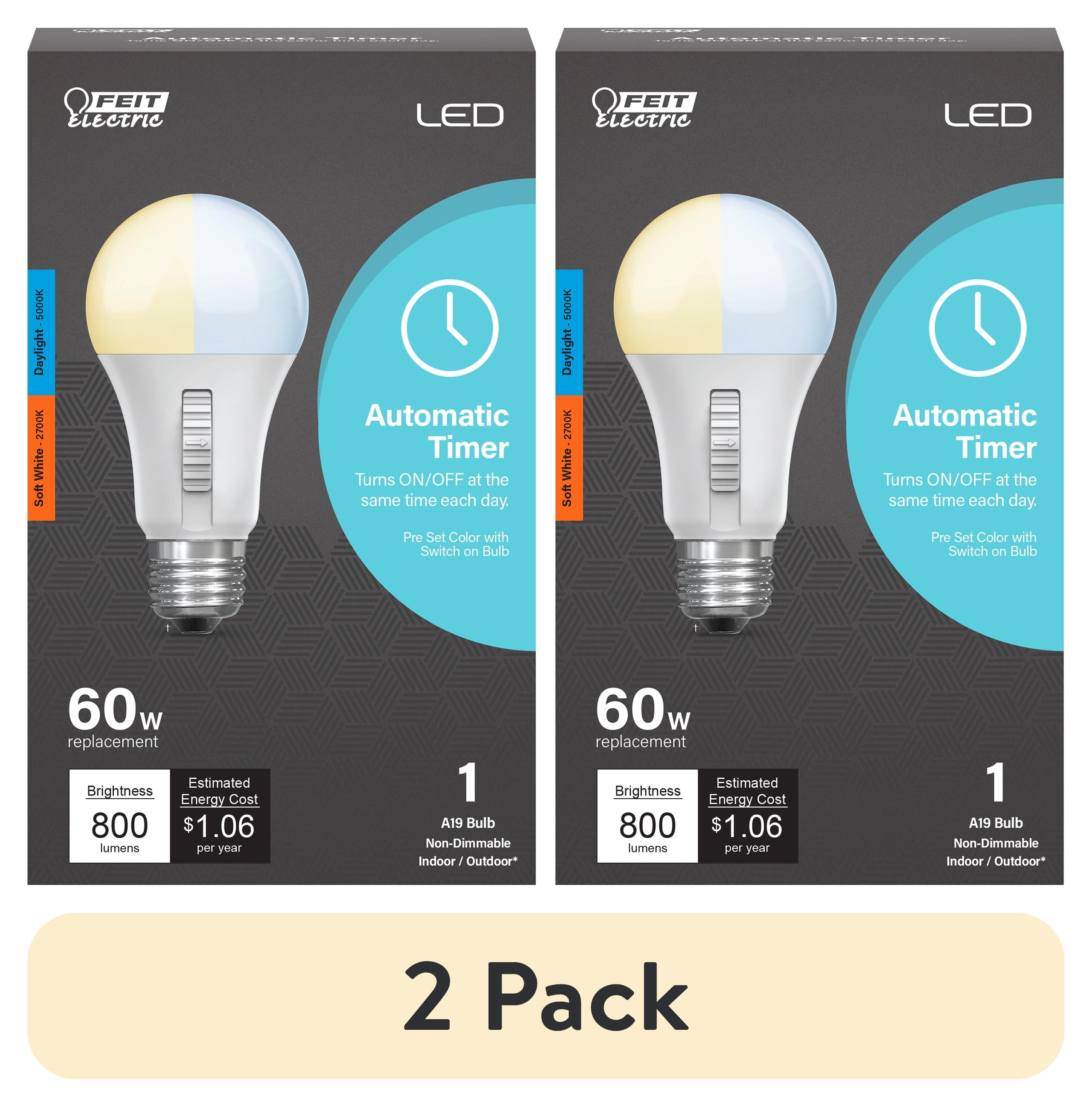 (2 pack) Feit Electric 8.8W (60W Equivalent) Select White Timer LED Light Bulb, A19 Medium (E26 ...