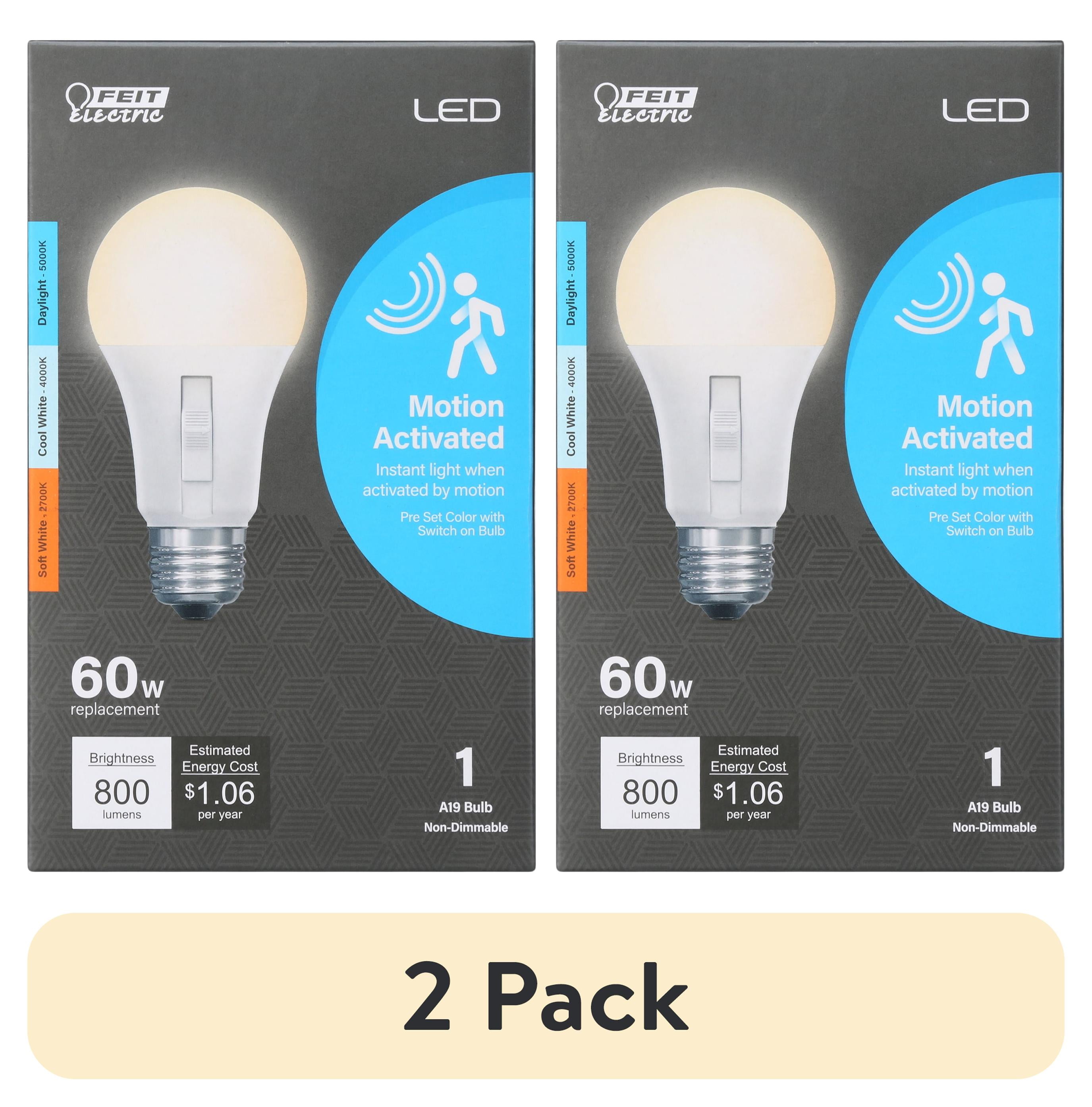 (2 pack) Feit Electric 8.8W (60W Equivalent) Selectable White A19 Motion Sensor LED Light Bulb ...