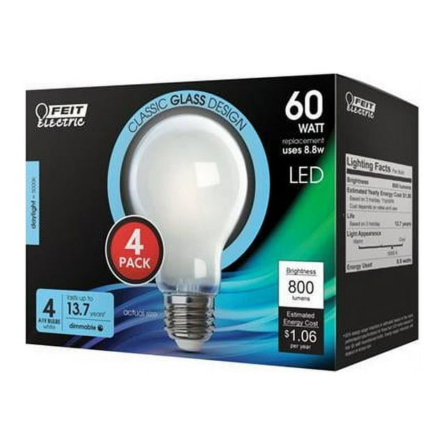 Feit Electric A1960/850/FIL/4 A19 Dimmable LED Light Bulbs, 9 Watts ...