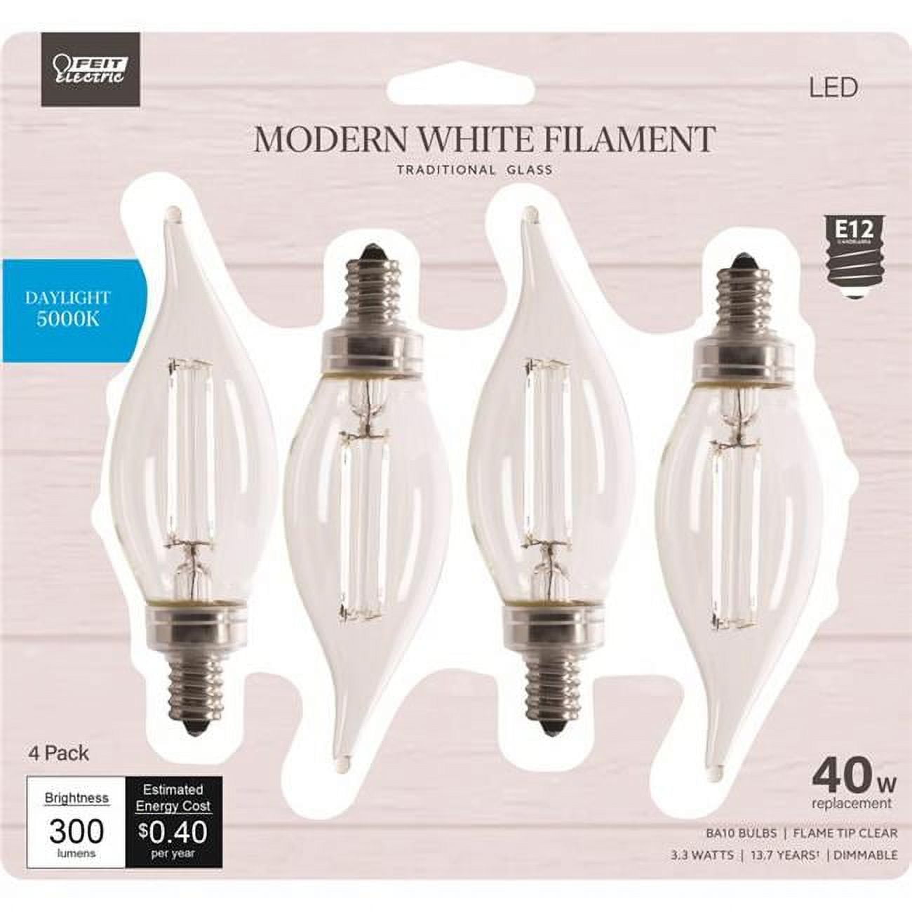 Feit Electric BA10 E12 (Candelabra) Filament LED Bulb Daylight 40 Watt Equivalence 4 pk ...