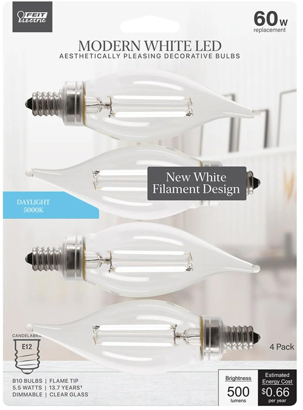 Feit Electric BPCFC60950CAWFIL/4 Daylight Flame Tip Exposed White ...