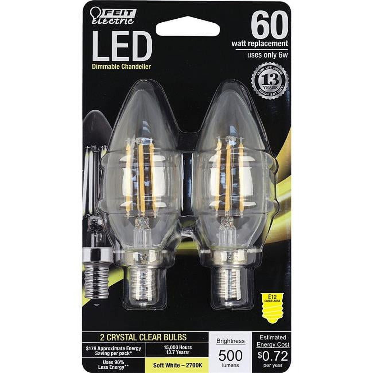 Feit Electric BPCTC60827LED2 60 W LED Dimmable Chandelier Bulb ...