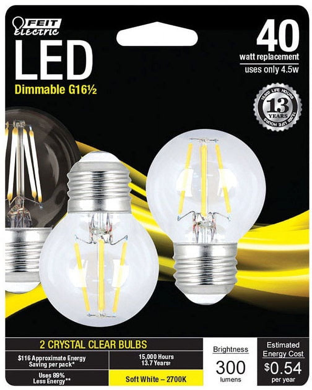 Feit Electric BPGM40827LED2 Dimmable LED Light Bulb, 2700 K, 4.5 W, 300 ...