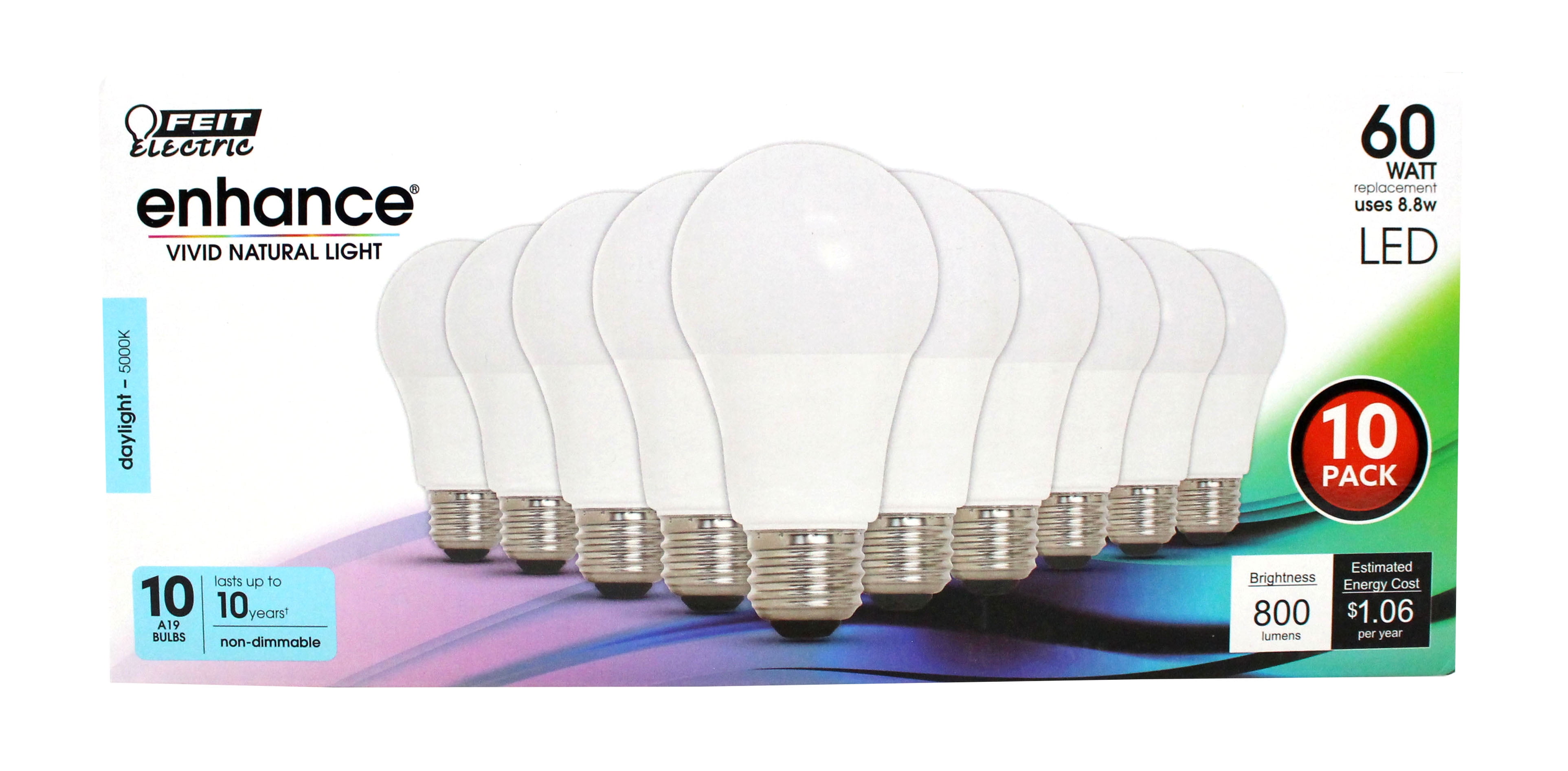 Feit Electric Enhance LED 8.8 Watt (60W Equivalent) Daylight A19, E26, Non-Dimmable (10 Pack ...