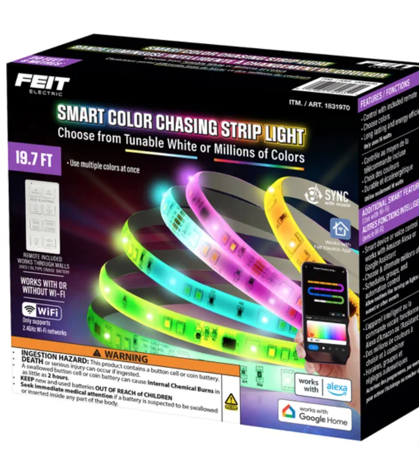 Feit Electric Indoor 19.7 ft. Smart Colour Chasing Strip Light ...