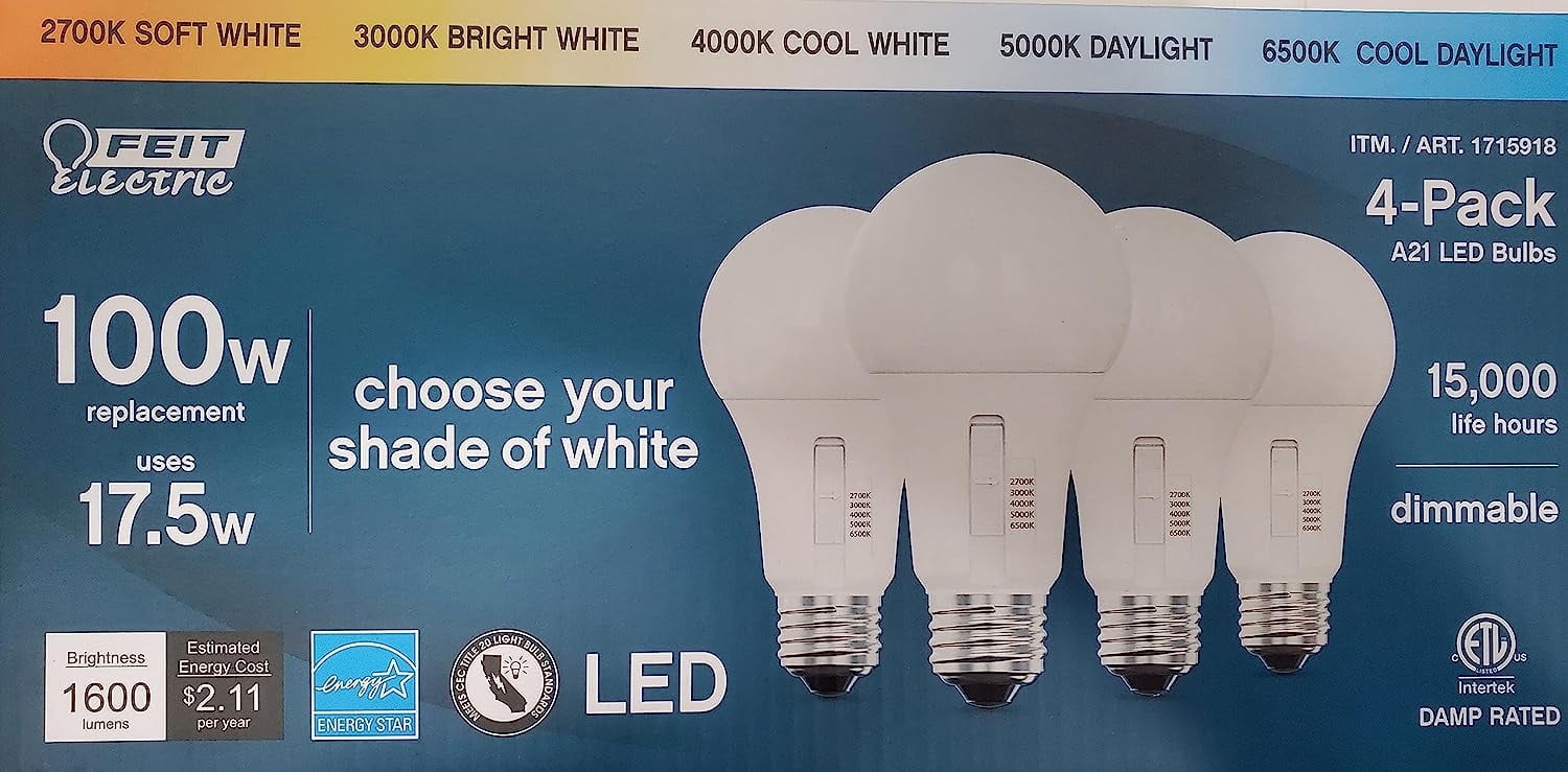 Feit Electric LED Dimmable Light Bulbs 17.5W 1600 Lumens Selectable ...