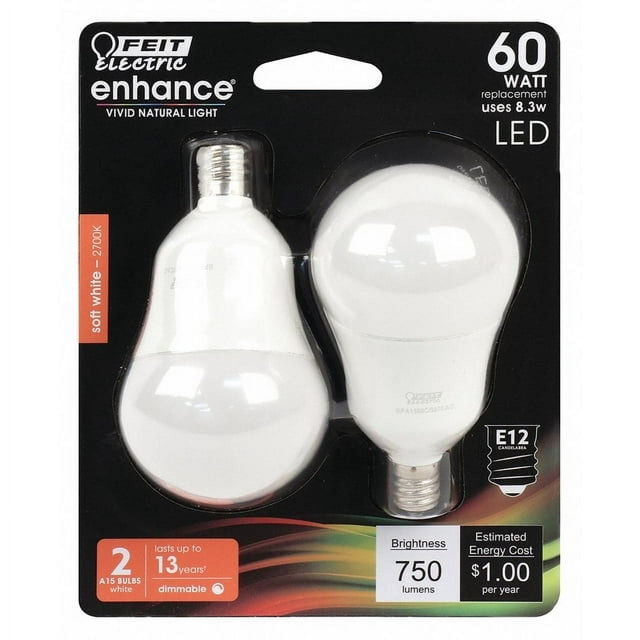 LED,8.3 W,A15,Candelabra Screw (E12),PK2 BPA1560C/927CA/2 - Walmart.com