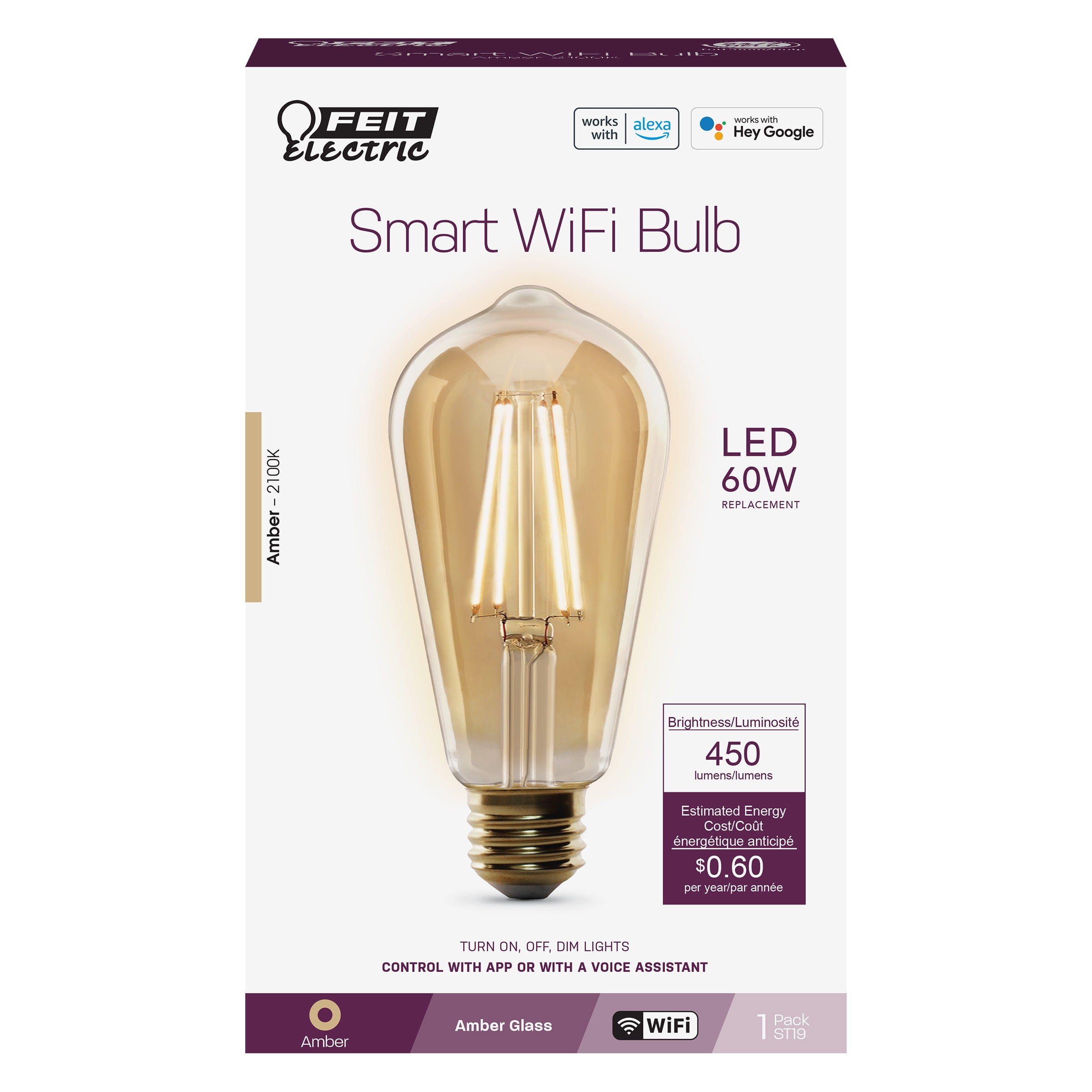 Feit Electric Smart WiFi LED Filament Bulb, 5W Soft White, ST19 Amber ...