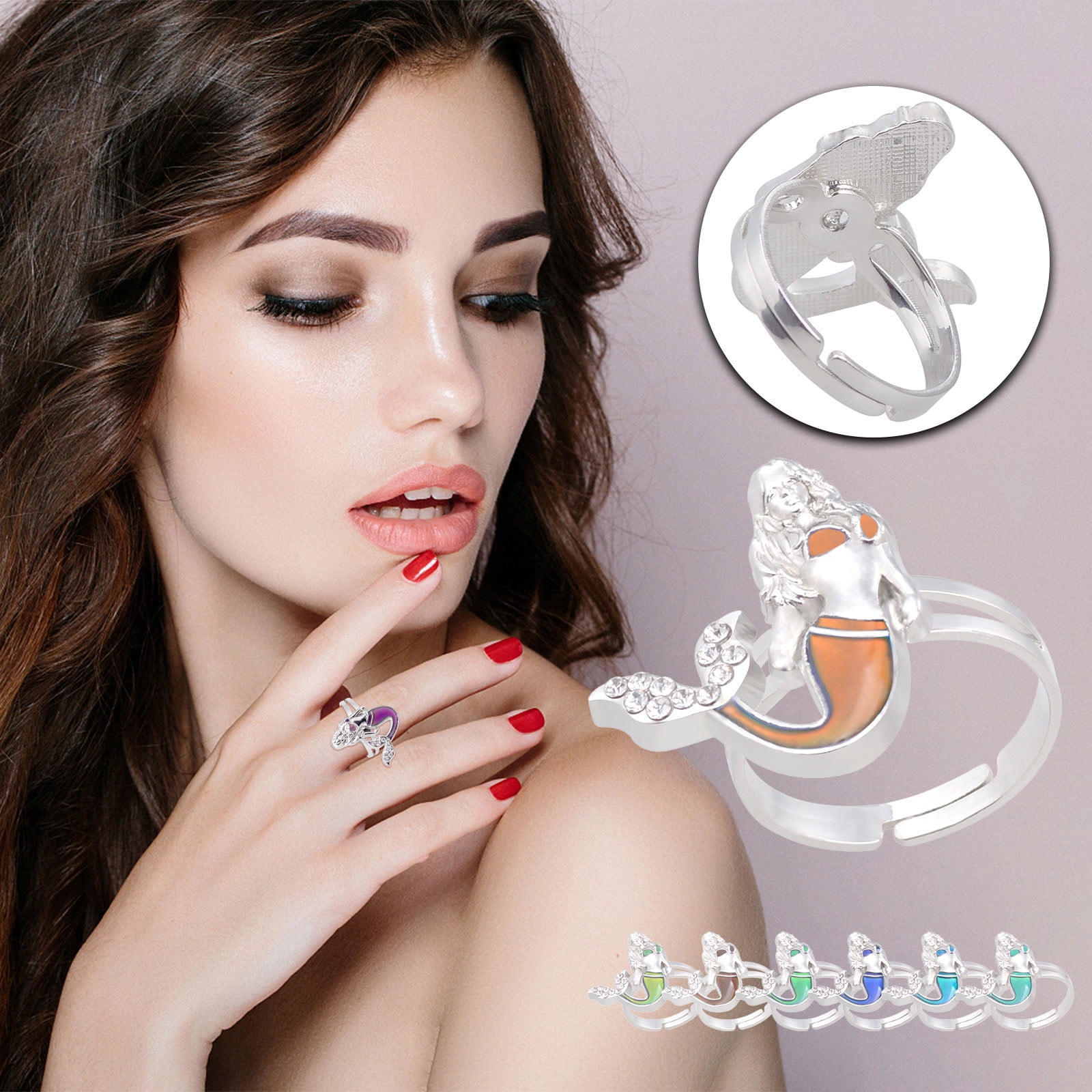 Feledorashia Rings for Women Mather's Day Gifts Mermaid Temperature-sensitive Mood Color ...