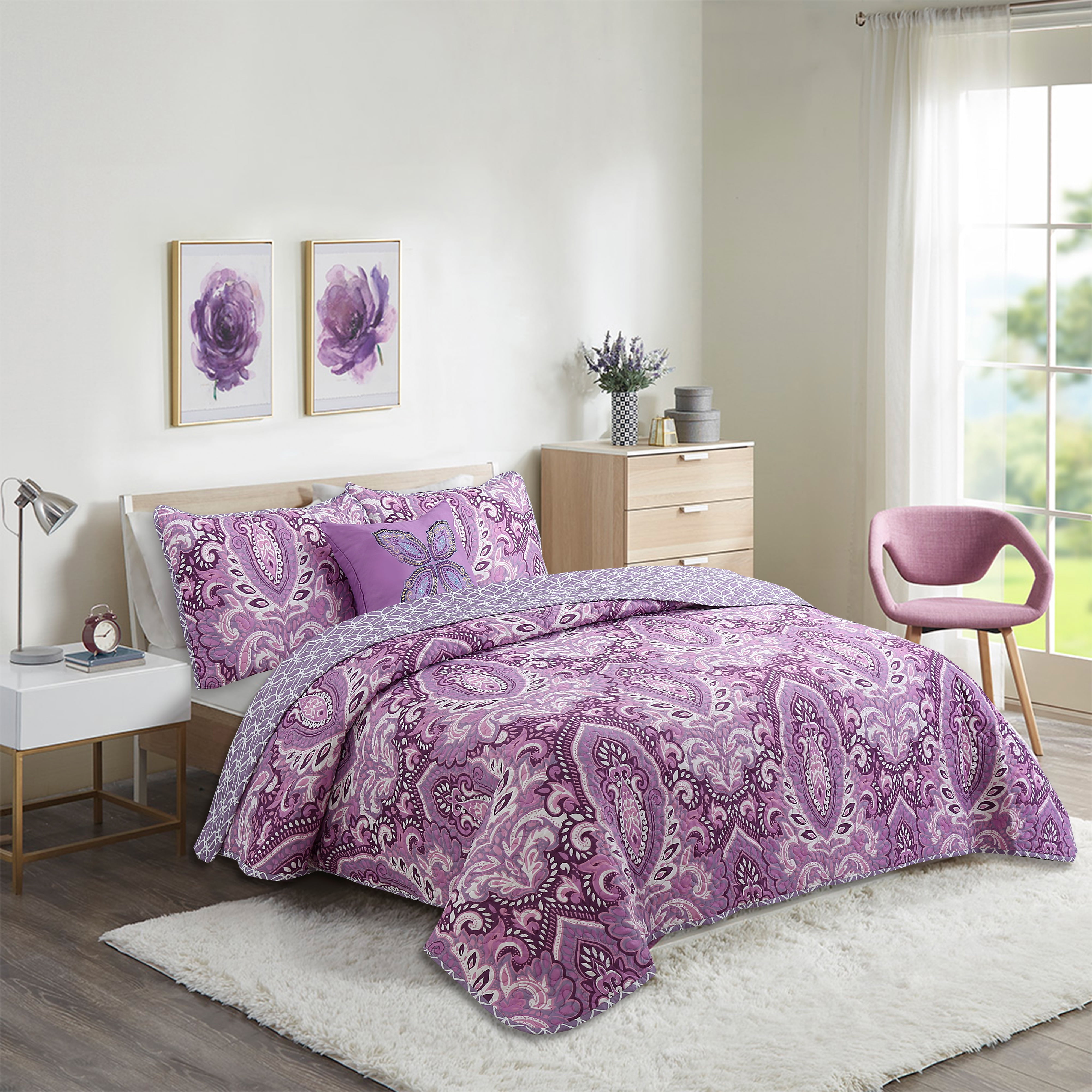 Felicity Plum 5-piece Reversible Machine Washable Quilt Set King ...