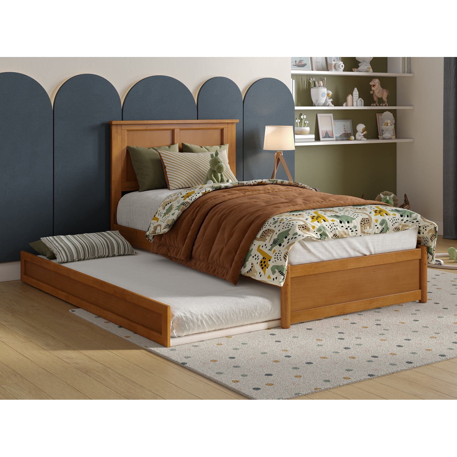 Felicity Twin Platform Bed with Panel Footboard & Twin Trundle in Light ...
