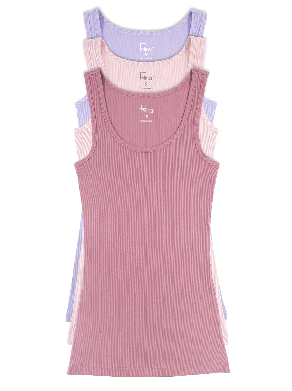 Felina Womens Cotton Ribbed Tank Top 3 Pack Pink Purple Rose Medium
