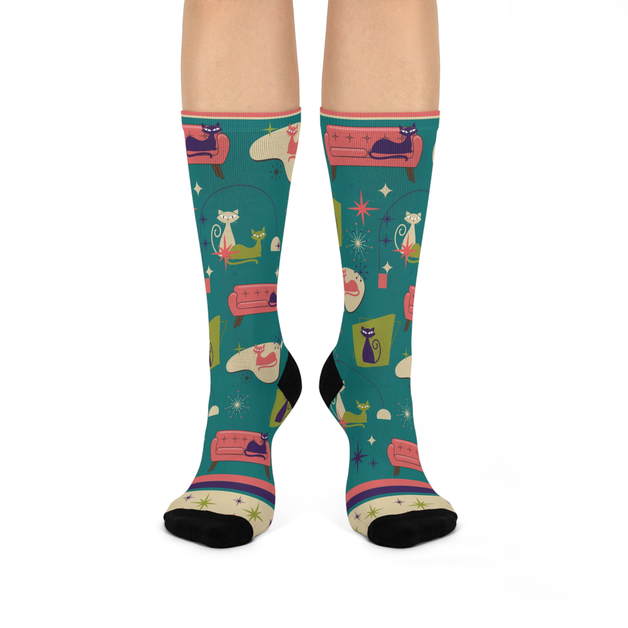 Feline Cat Socks Unisex Stretchy Fun Retro Pair 1 Size Atlas Wanderlust - Walmart.com
