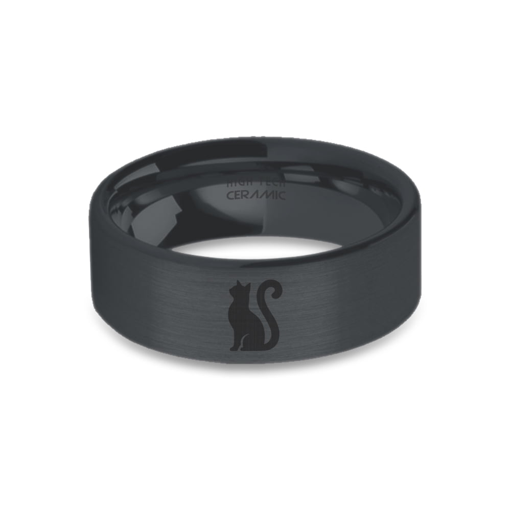 Feline Cat Symbol Black on Black Engraved Brushed Ceramic Ring, 8mm ...
