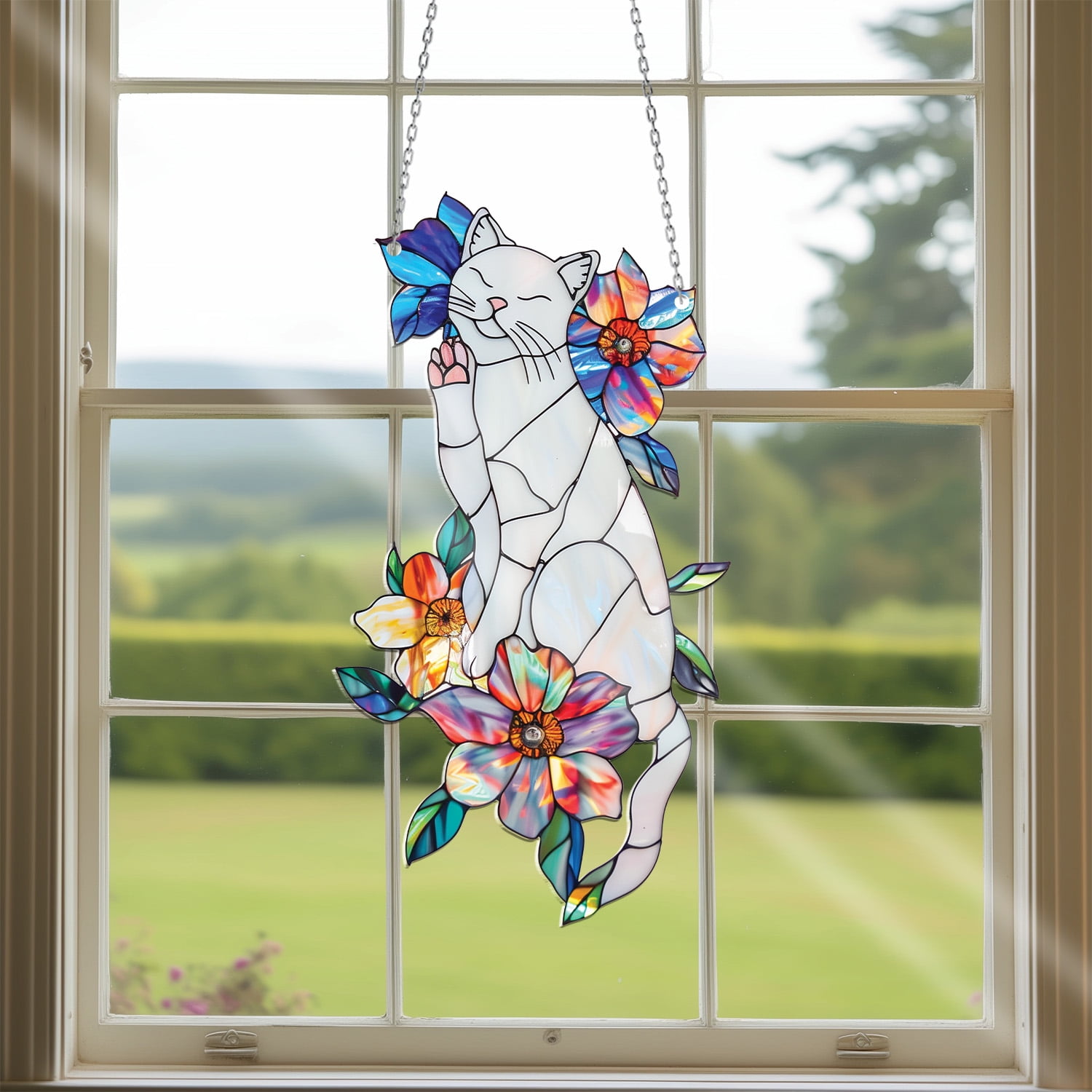 Feline Elegance: Acrylic Cat in Stained Glass Window Hanging - A ...