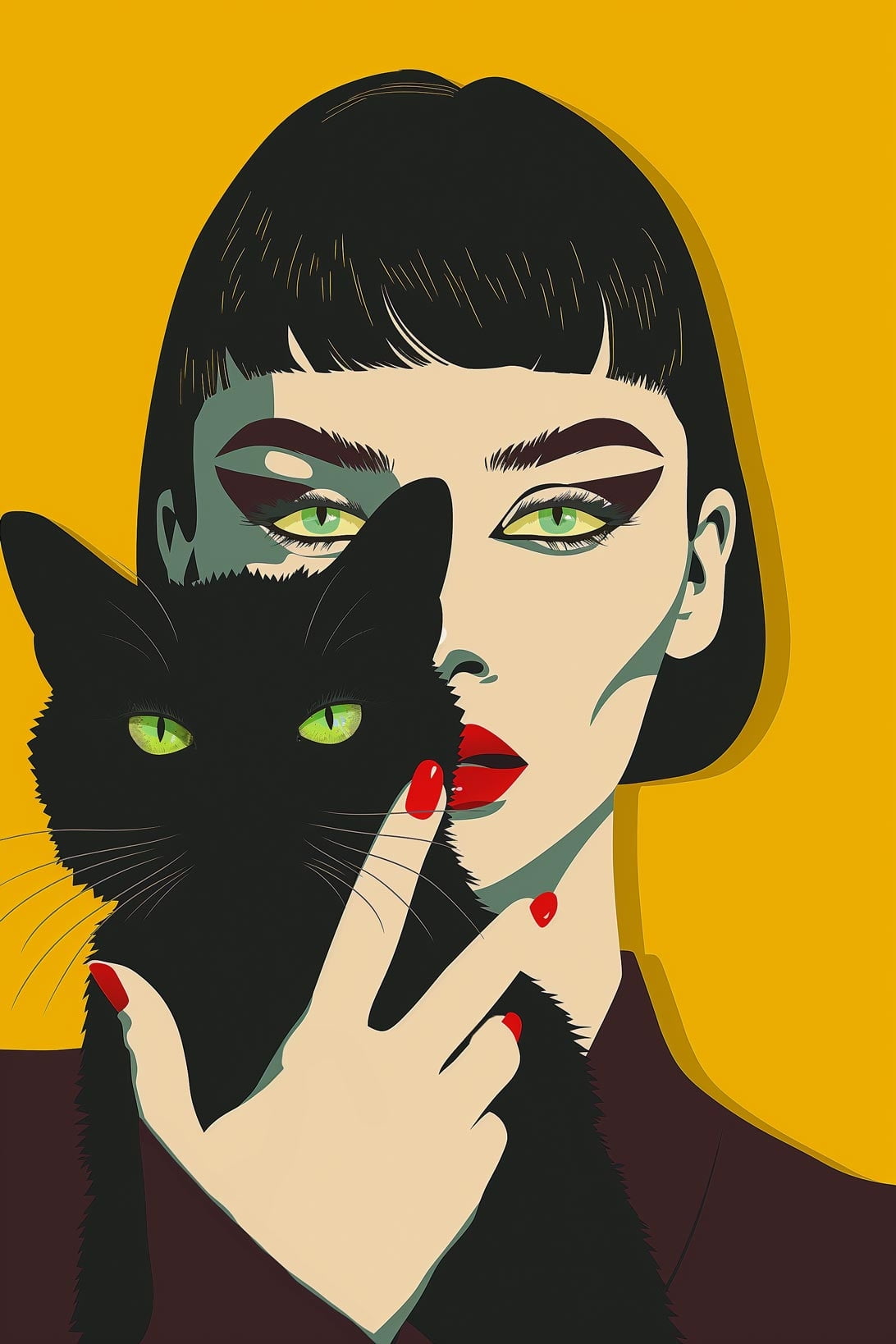Feline Gaze – Modern Pop Art Woman with Black Cat Poster 【Photo Paper ...