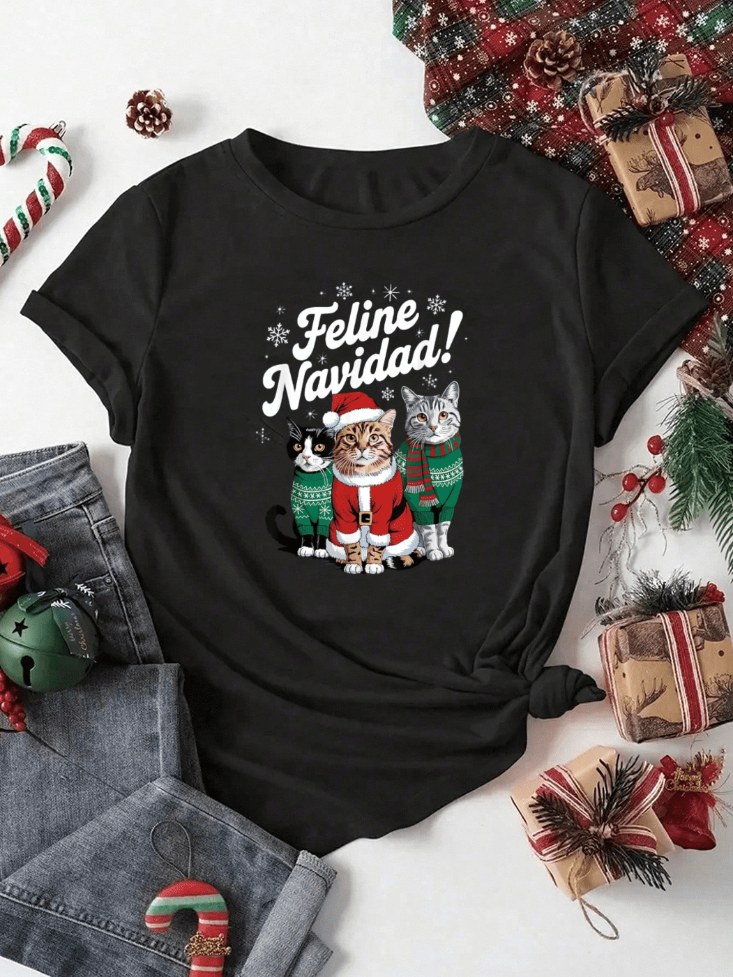 Feline Navidad Funny Cat Christmas St Nick Hat Holiday up to Size 5XL ...