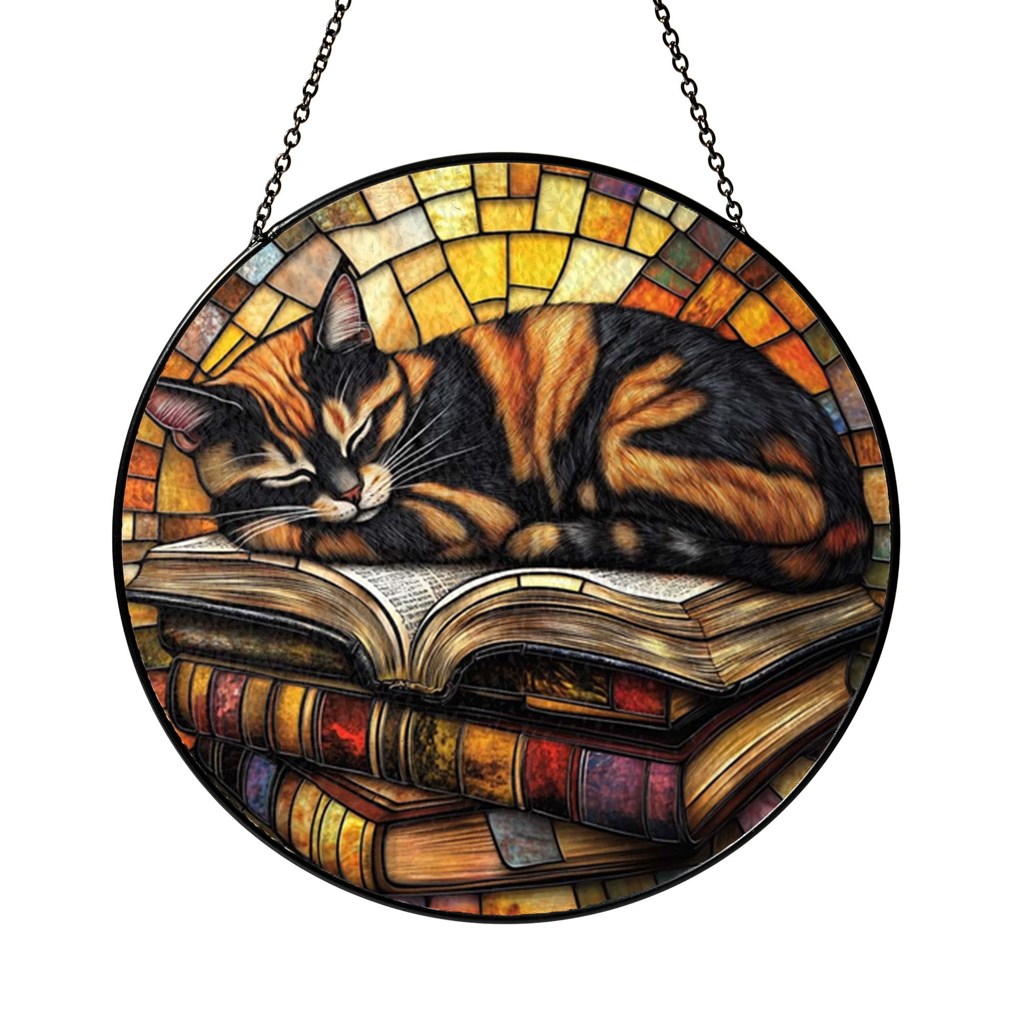 Feline Reading Nook Scene Stained Glass Window Hanging, Decorative ...