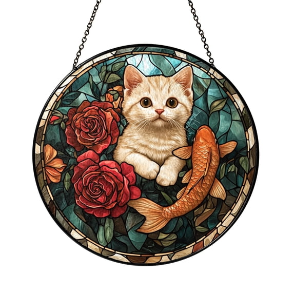 Feline and Fish Scene Stained Glass Window Hanging, Decorative Animal ...