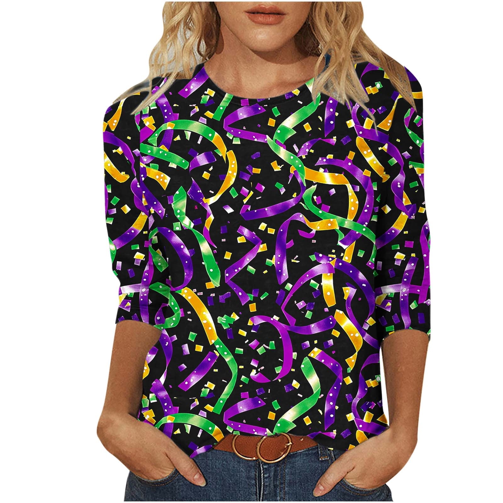 Felirenzacia Fashion Women's Carnival Print Loose Casual Round Neck ...