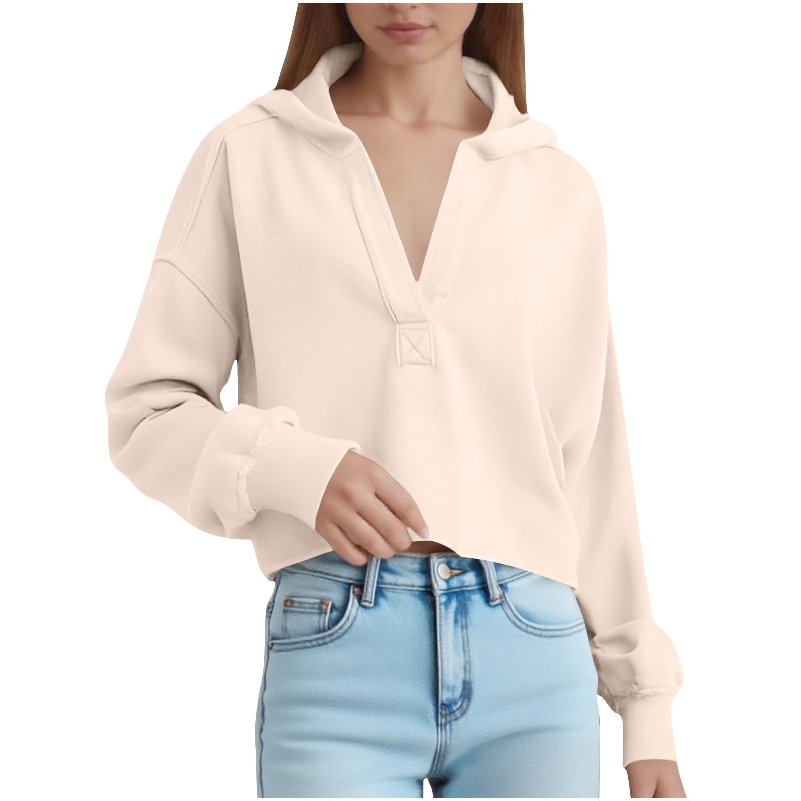 Felirenzacia Hoodies for Women Long Sleeve Drawstring V Neck Casual ...