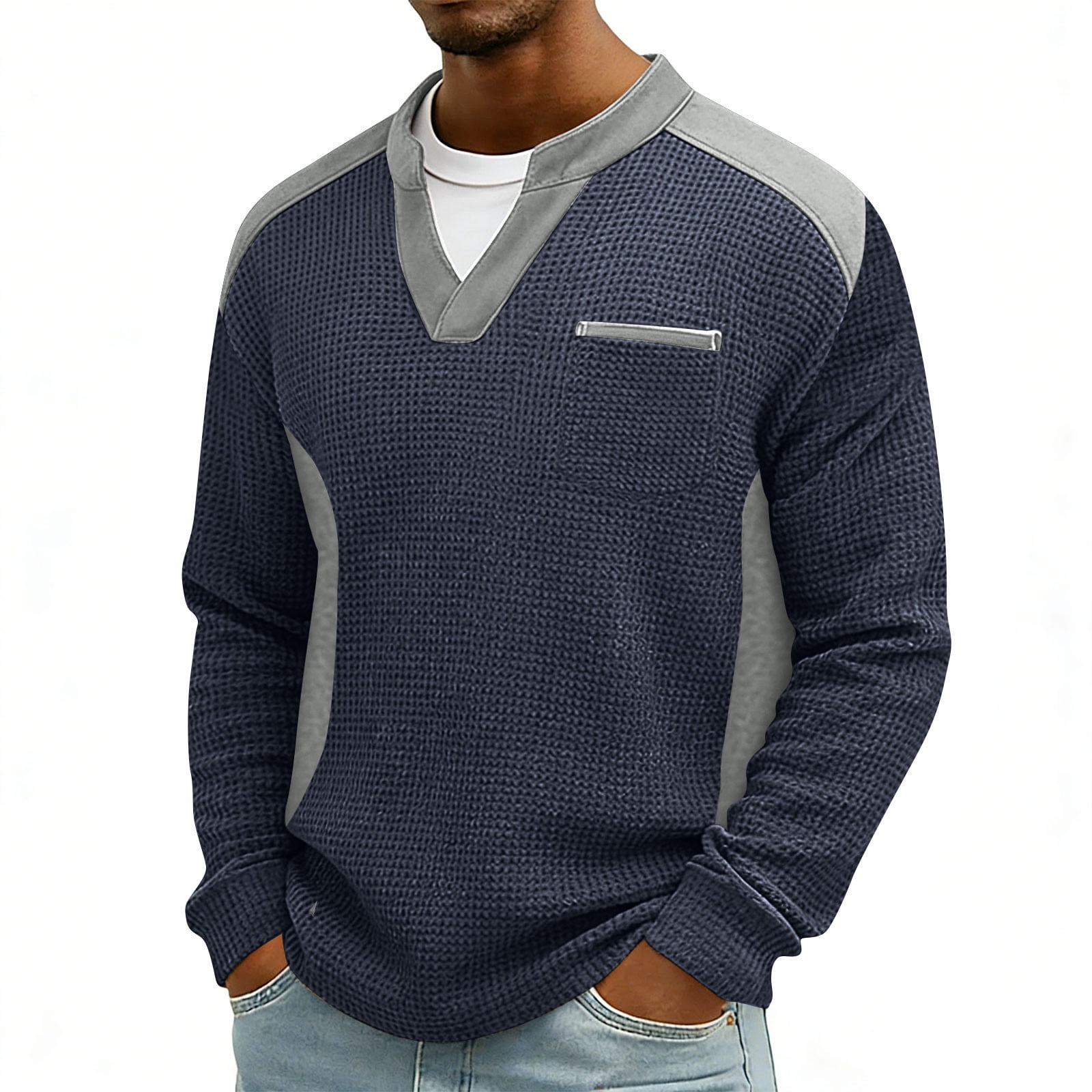 Felirenzacia Men's V Neck Walf Knit Patch Sweatshirt with Chest Pocket ...