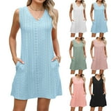 Felirenzacia Women's Casual Jacquard V Neck Sleeveless Short Dress with ...