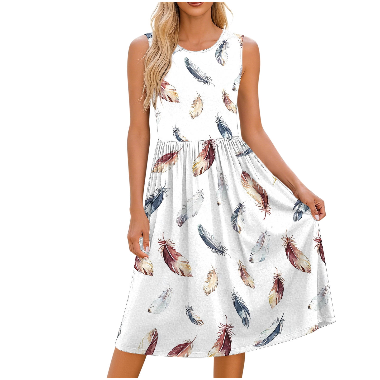 Felirenzacia Women's Crew Neck A Line Midi Summer Dresses, Sleeveless ...